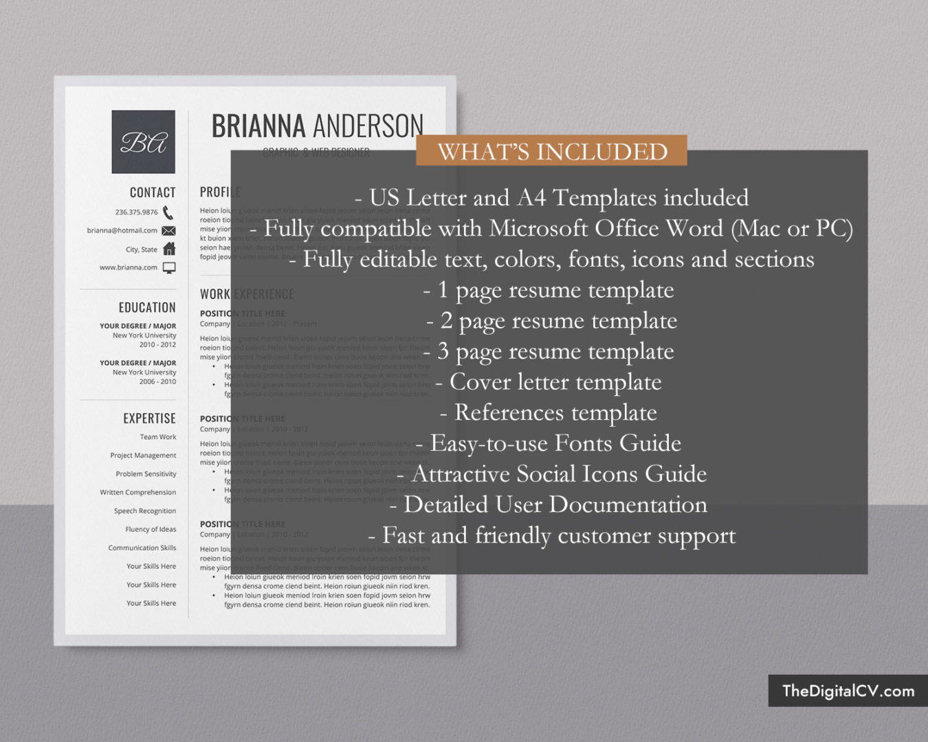 Editable Resume Template for MS Word, Cover Letter, 1-3 Page, Job ...