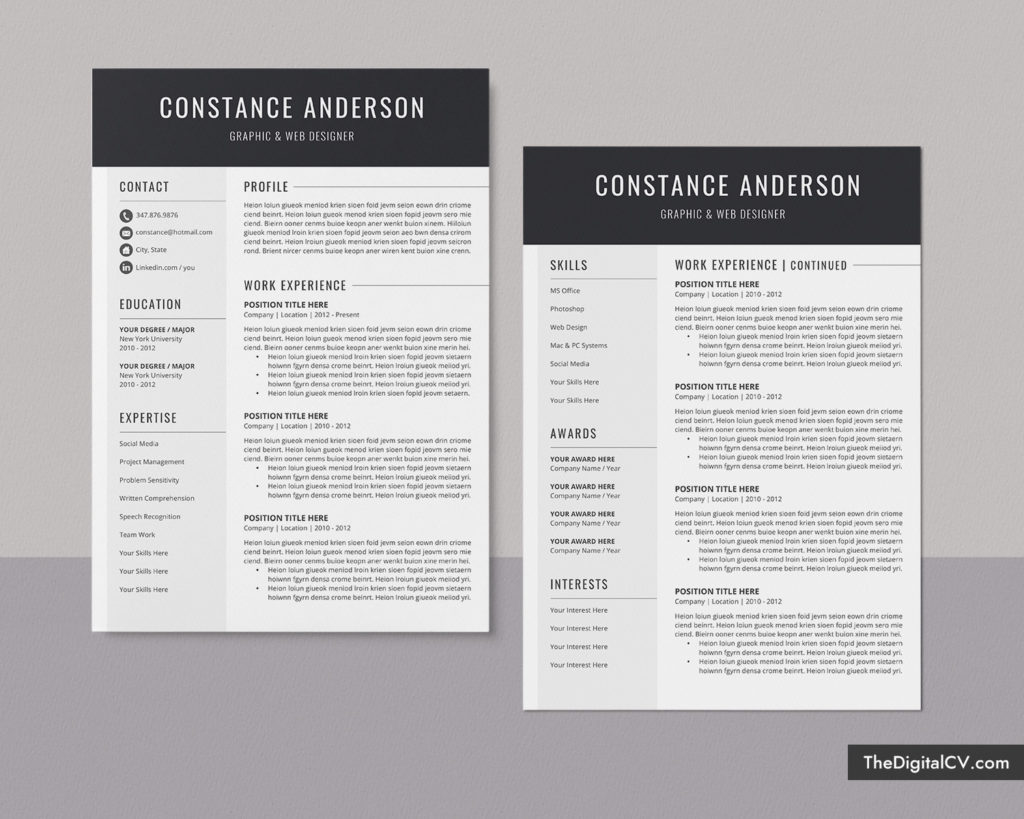Professional Resume Template for MS Word, CV Template, Cover Letter, 1 ...